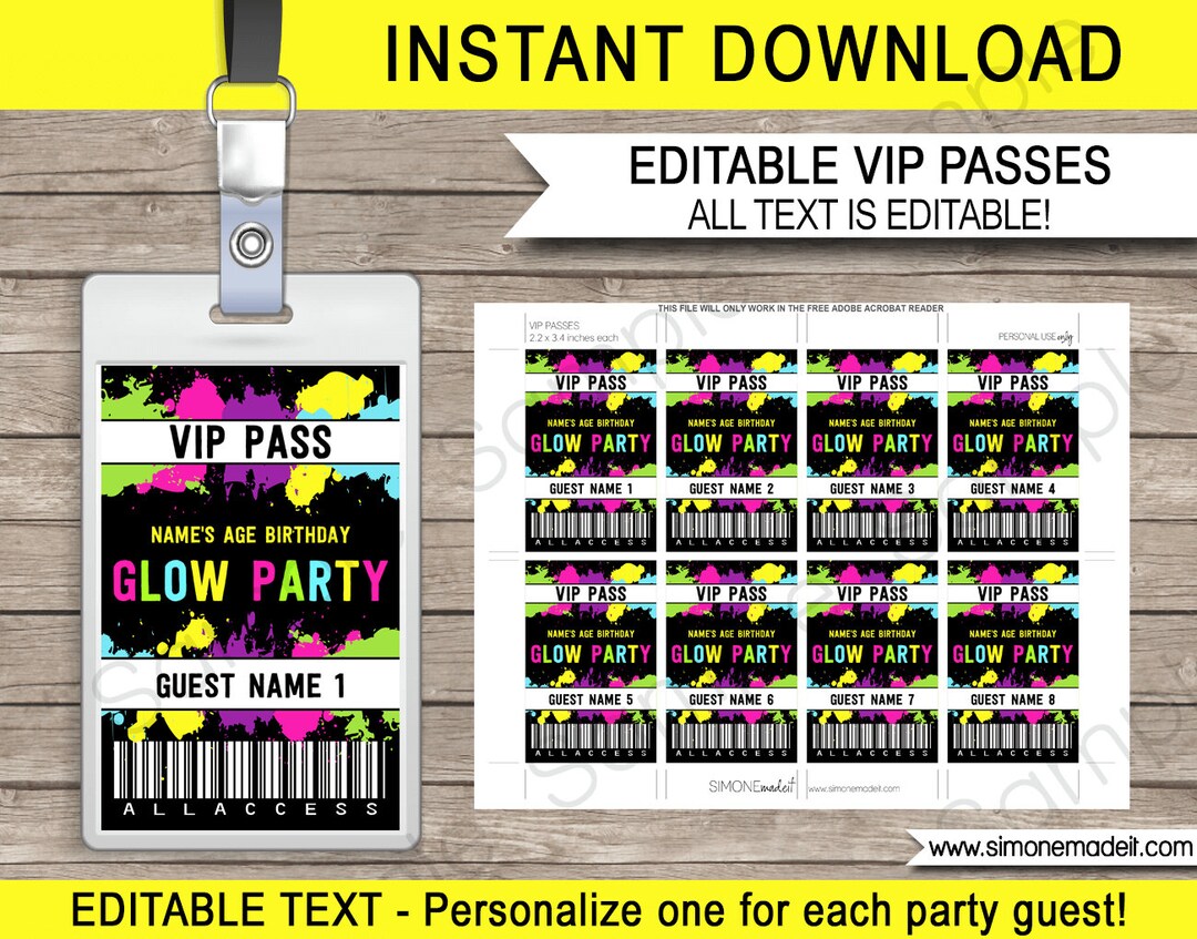 Neon Glow Party VIP Passes: Editable Text (instant Download) - Etsy