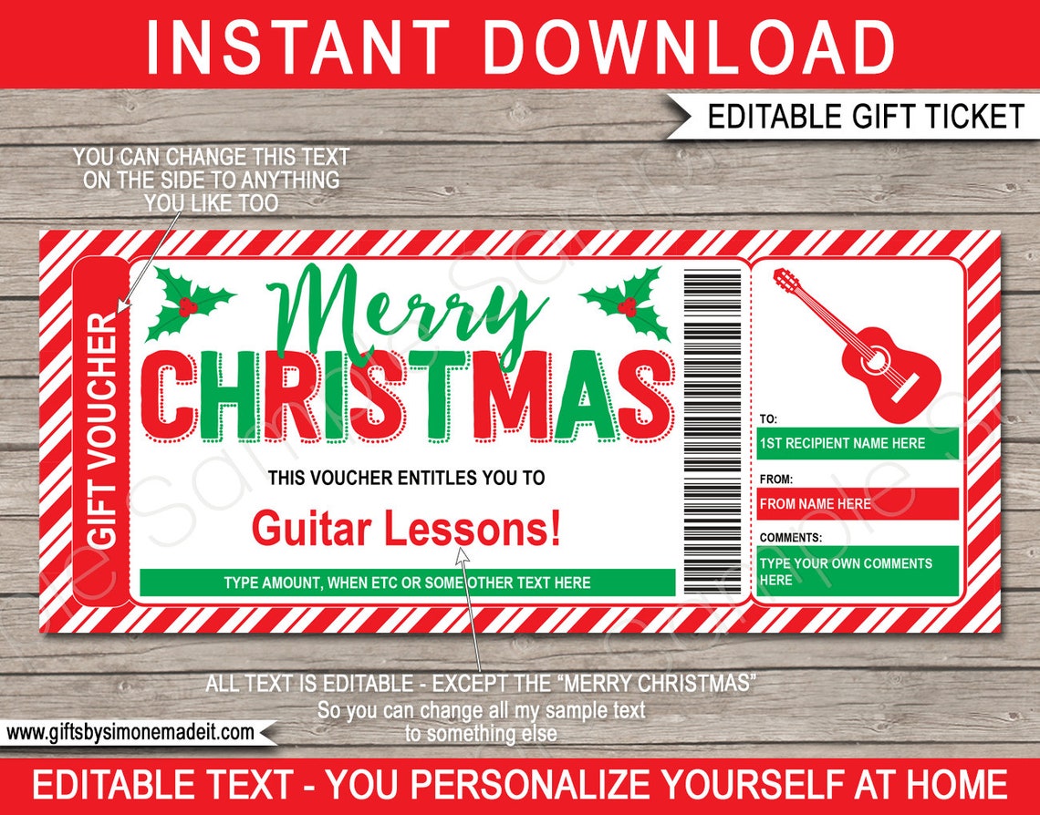 Guitar Lessons Gift Voucher Template Certificate Ticket | Etsy