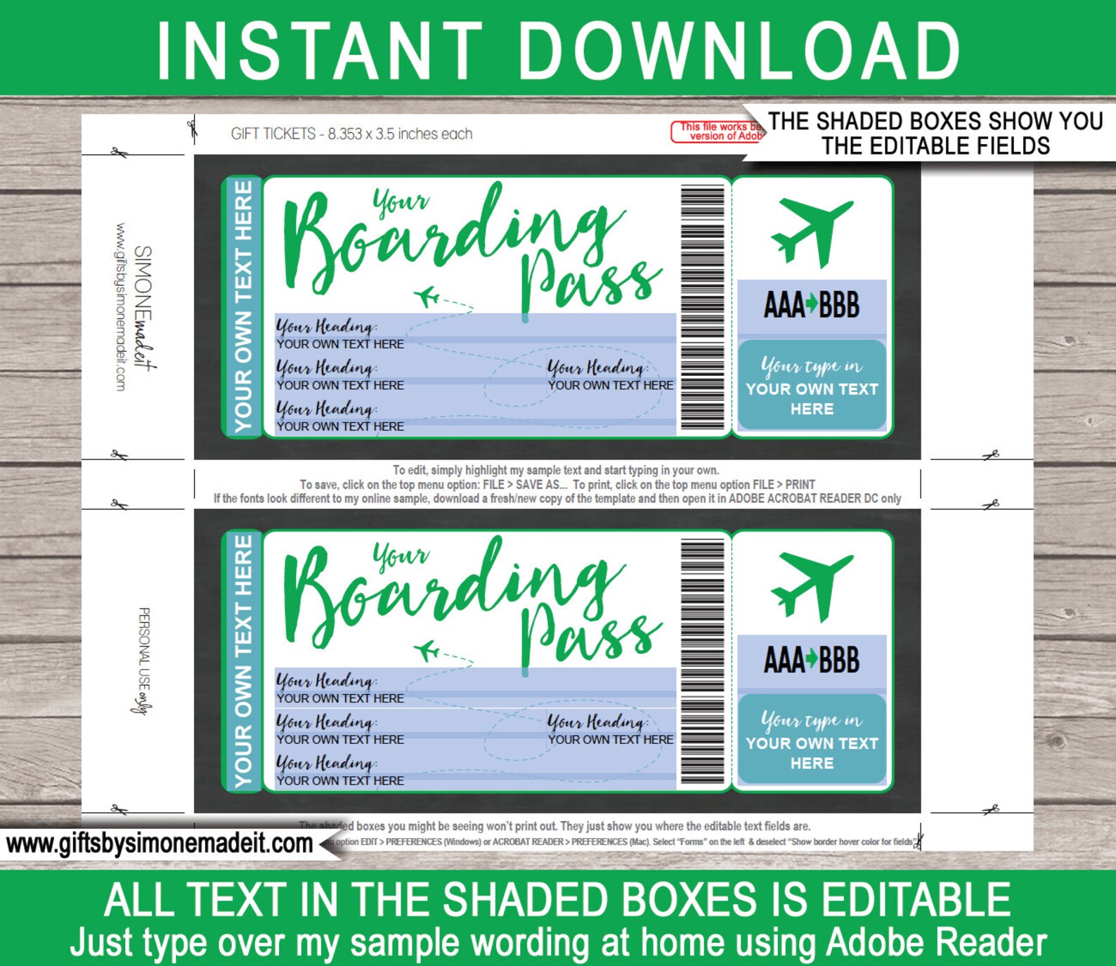 Plane Ticket Template Surprise Fake Boarding Pass Trip Reveal - Etsy