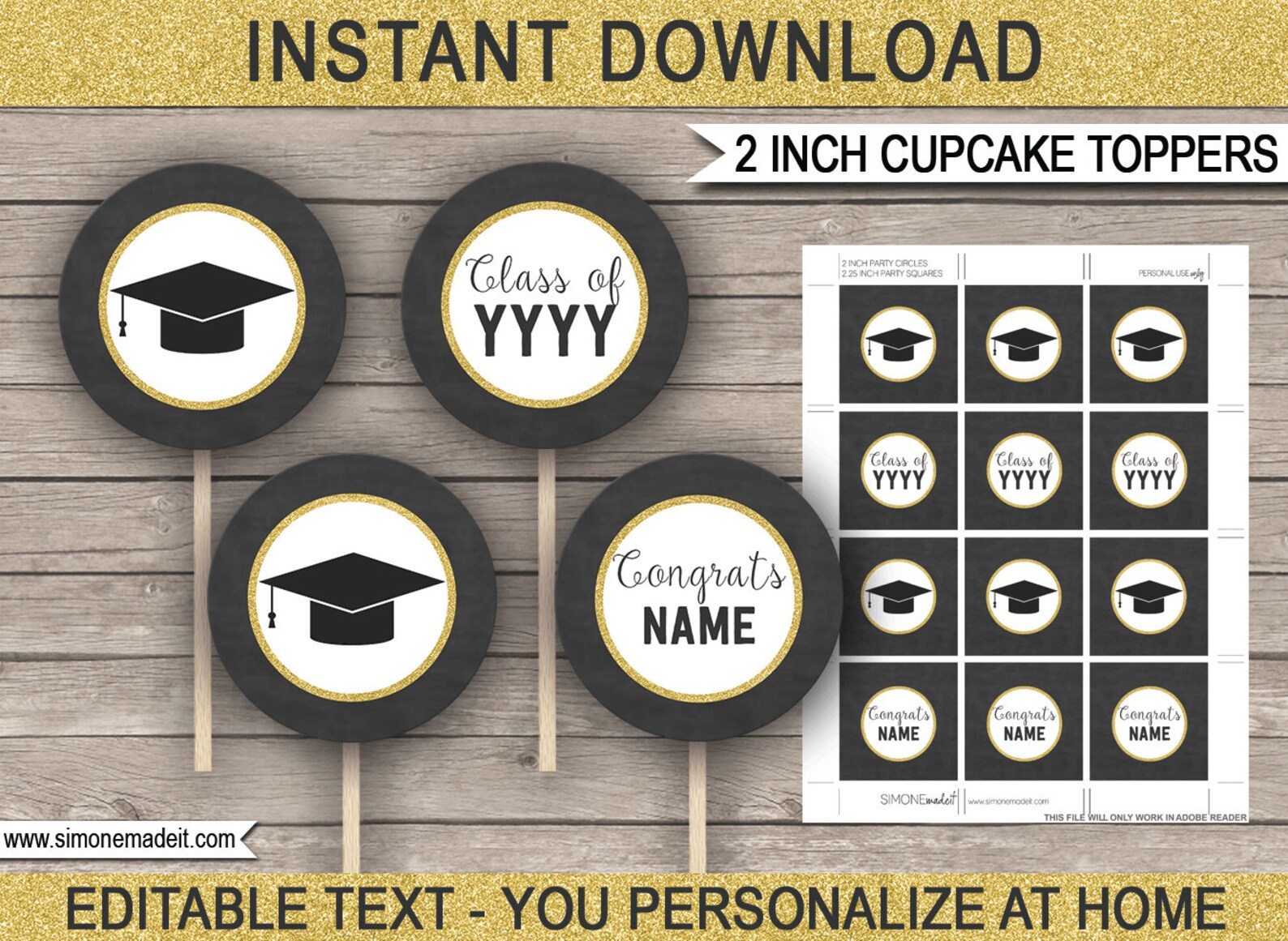 Gold Graduation Party Invitations & Decorations Template Bundle - Any ...
