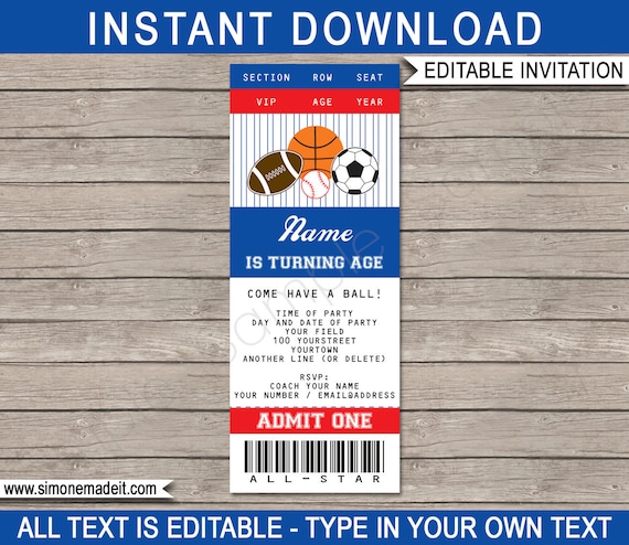 Sports Ticket Invitation Template All Star Birthday Party Invite 