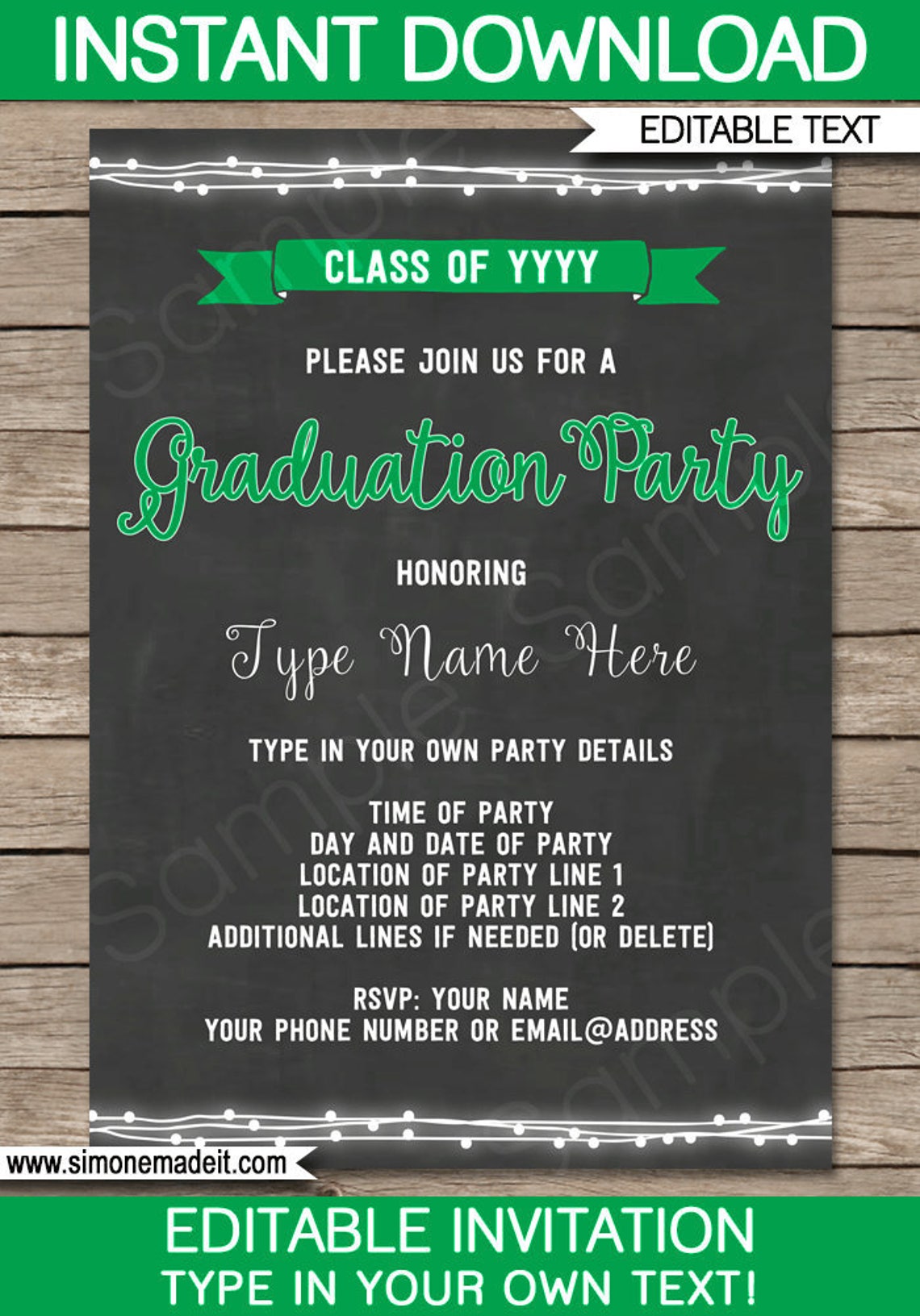 Green Graduation Party Invitations & Decorations Template Bundle - Any ...