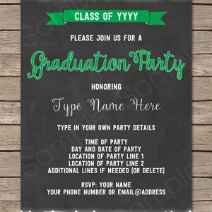 Green Graduation Party Invitations & Decorations Template Bundle - Any ...