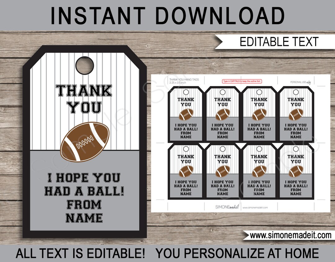 Football Favor Tags Template - Thank You Tags - Team or Birthday Party ...