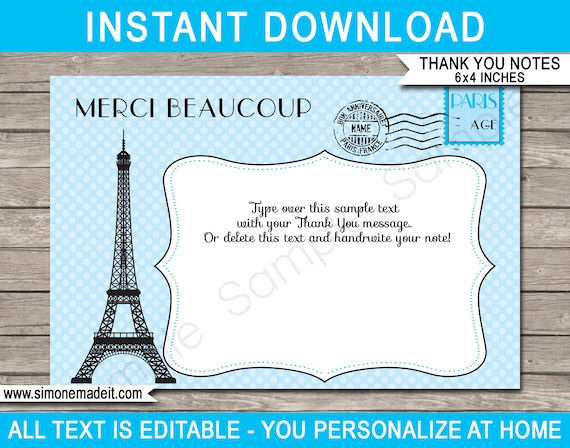 Paris Party Thank You Cards - Printable Thank You Notes - Blue Paris ...
