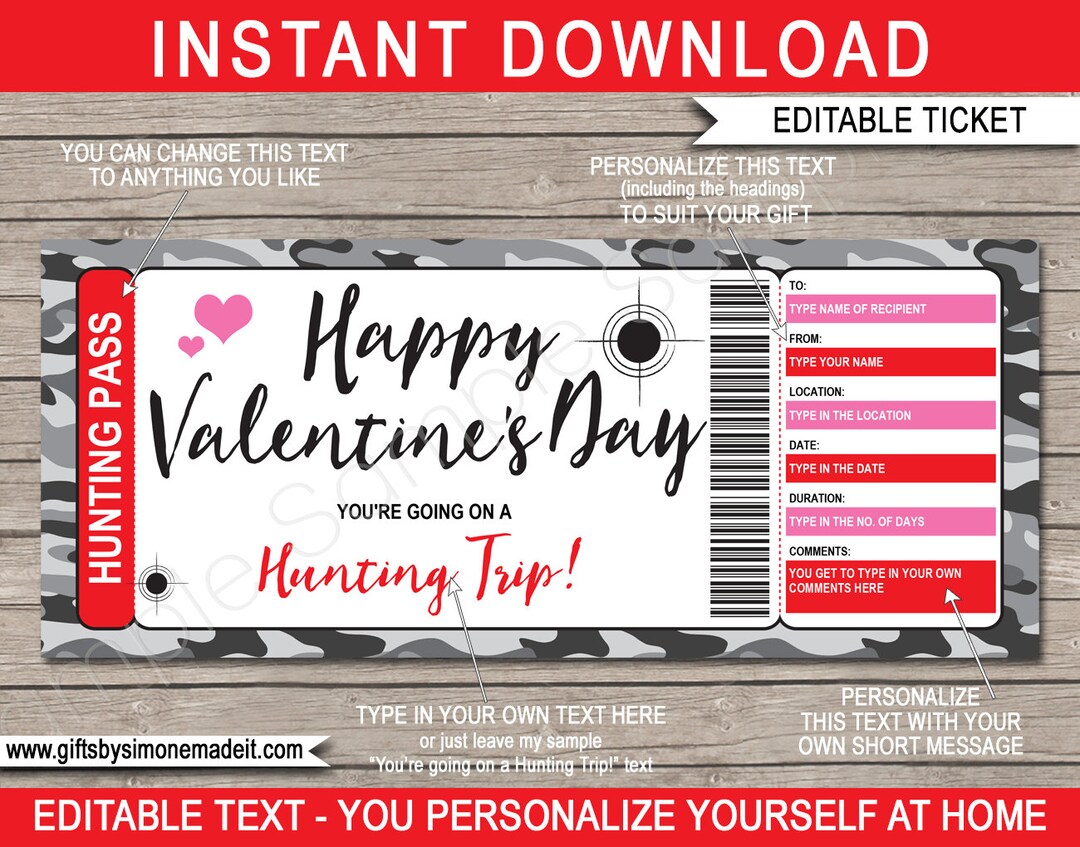 Hunting Trip Ticket Template - Valentines Day Printable Gift ...