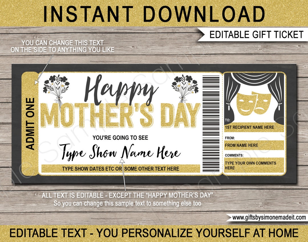 Mother's Day Show Ticket Template: Printable Gift Card (EDITABLE Text ...