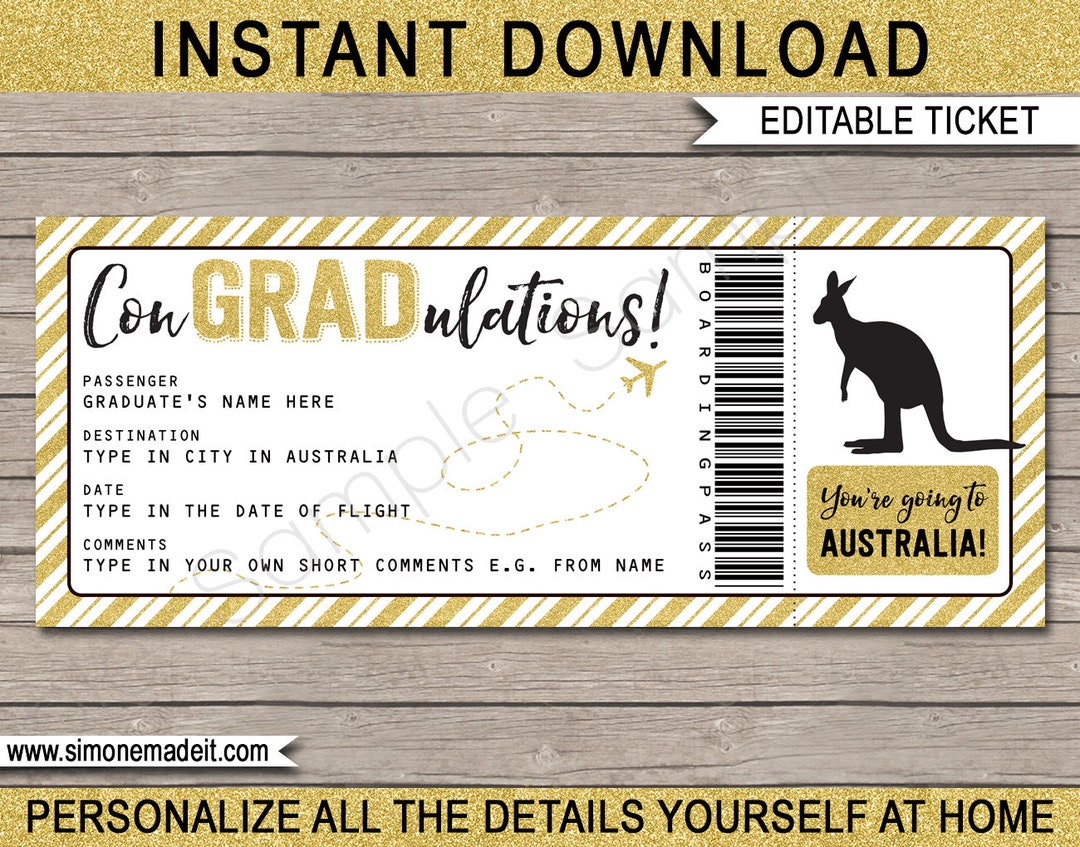 Australia Boarding Pass Graduation Gift Printable Plane Ticket ...