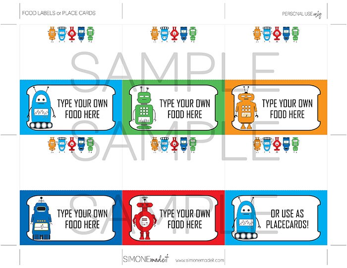 Robot Food Labels Template - Printable Birthday Party Decorations ...