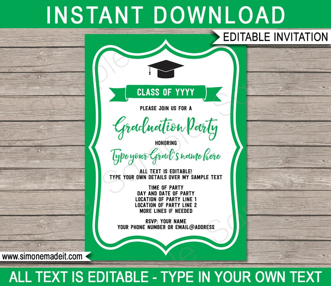 Graduation Party Invitations - Green & White - Printable Template - Any ...