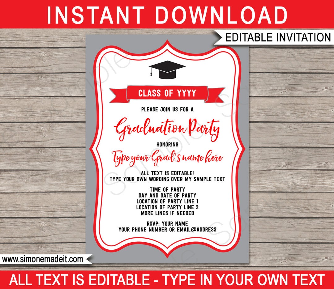 Graduation Party Invitations - Printable Template - Red & Gray or ...