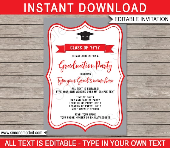 Graduation Party Invitations - Printable Template - red & gray or ...