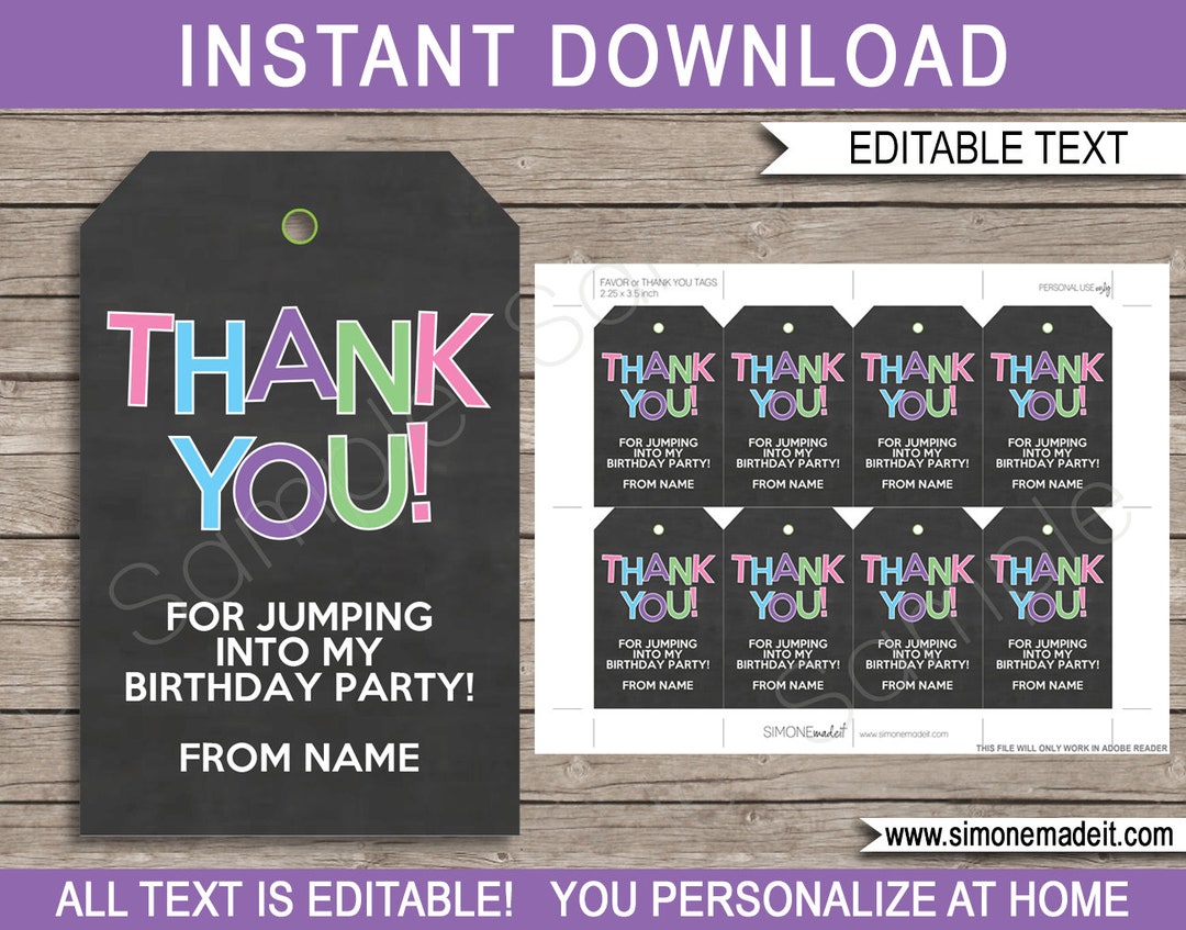 Trampoline Favor Tags - Thank You Tags - Birthday Party Favors ...