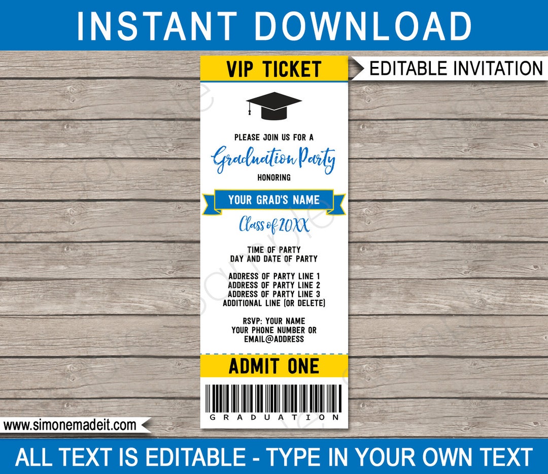 Editable Graduation Ticket Invitation: Gold & Blue (instant Download ...