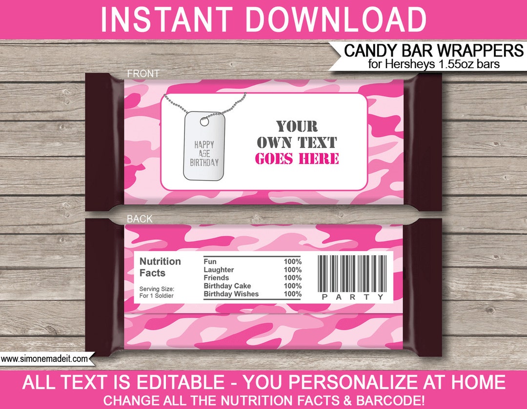 Pink Camo Party Candy Bar Wrappers - Party Favors - Chocolate Labels ...