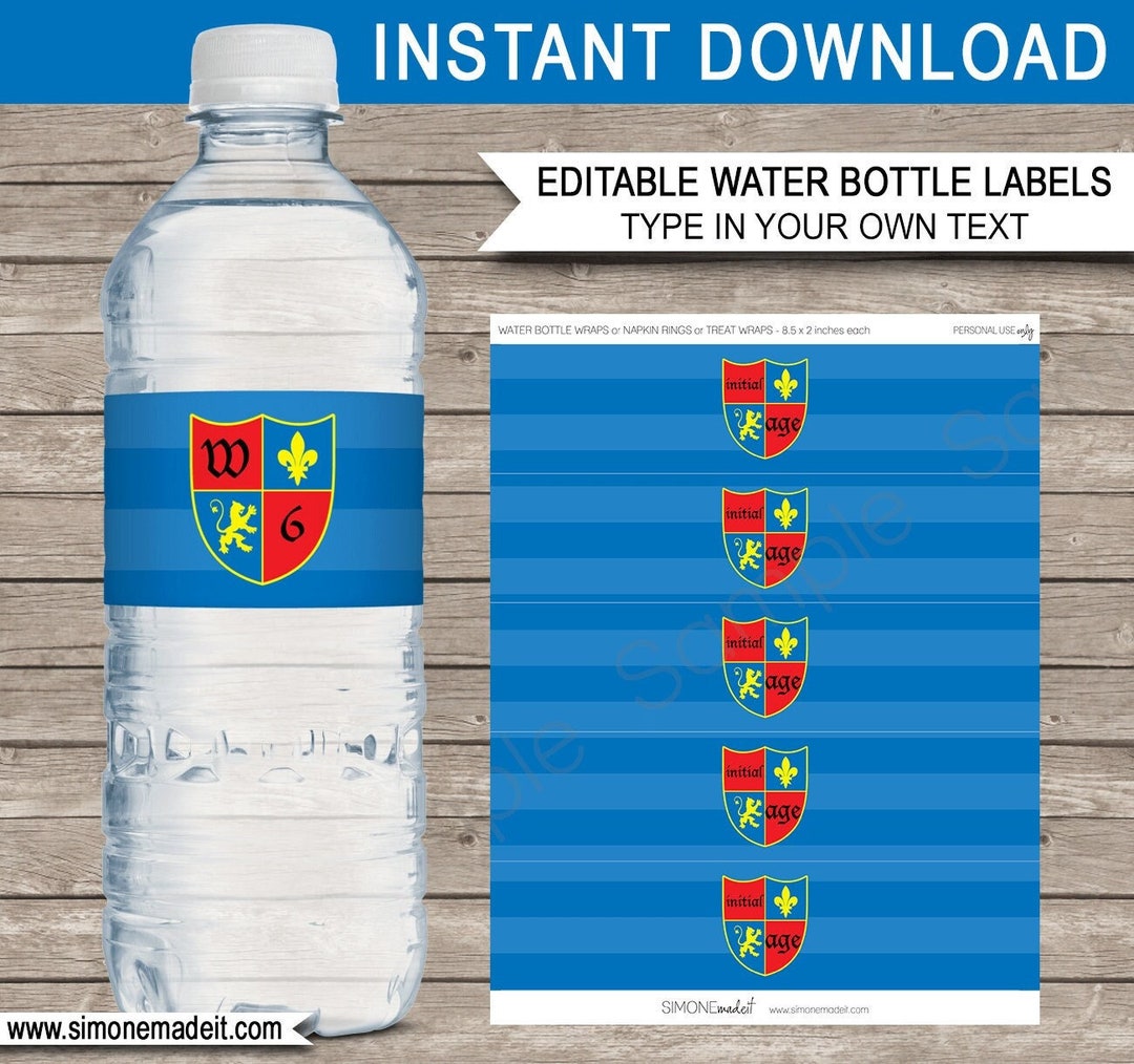 Medieval Knight Water Bottle Labels: Editable Birthday Party Wrappers ...
