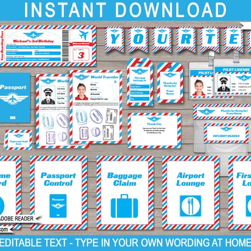 Airplane Theme Party Template Bundle Printable Invitation - Etsy