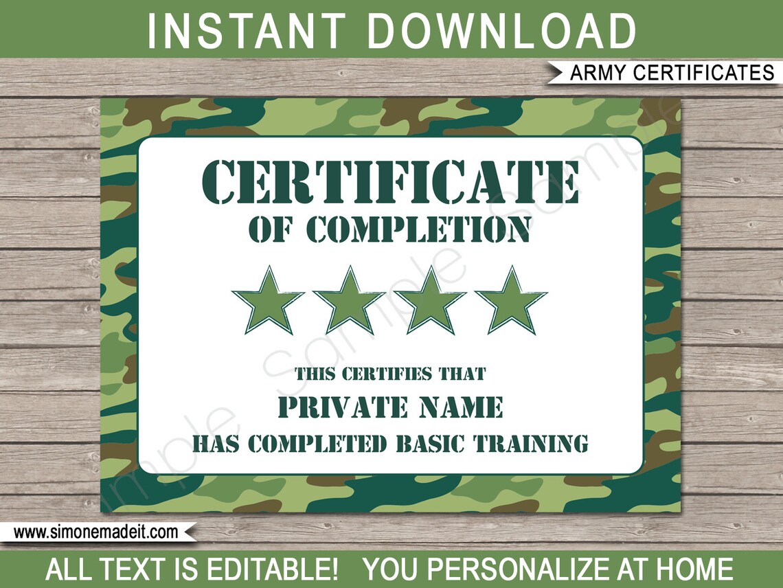 Army Boot Camp Certificate Template: Editable Camo Party Favor (digital ...
