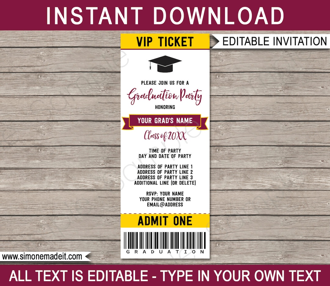Graduation Ticket Invitation Template: Gold & Burgundy (INSTANT ...