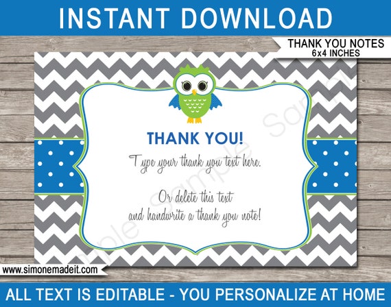 Owl Party Thank You Cards - Printable Thank You Notes - Owl Theme ...