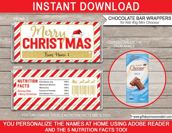 Christmas Chocolate Wrapper Template - Printable Candy Bar Label - Xmas ...
