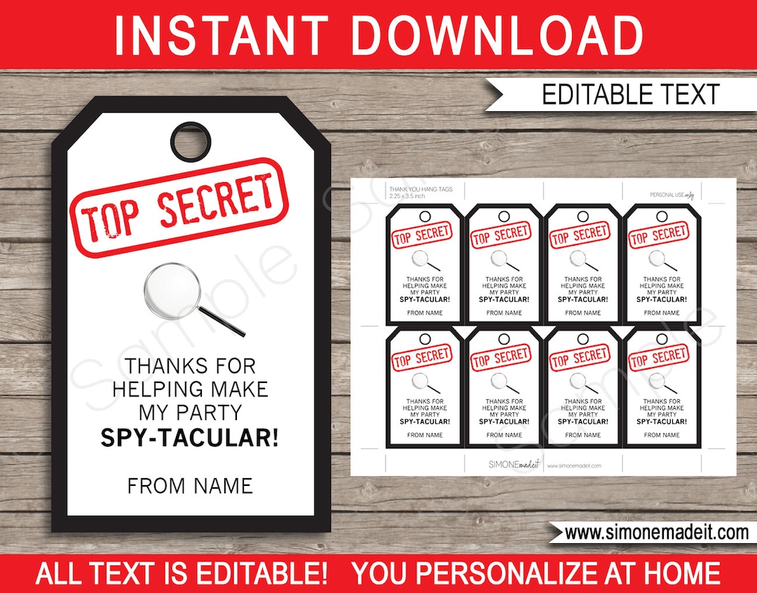 Spy Party Favor Tags or Thank You Tags - Secret Agent Birthday Party ...