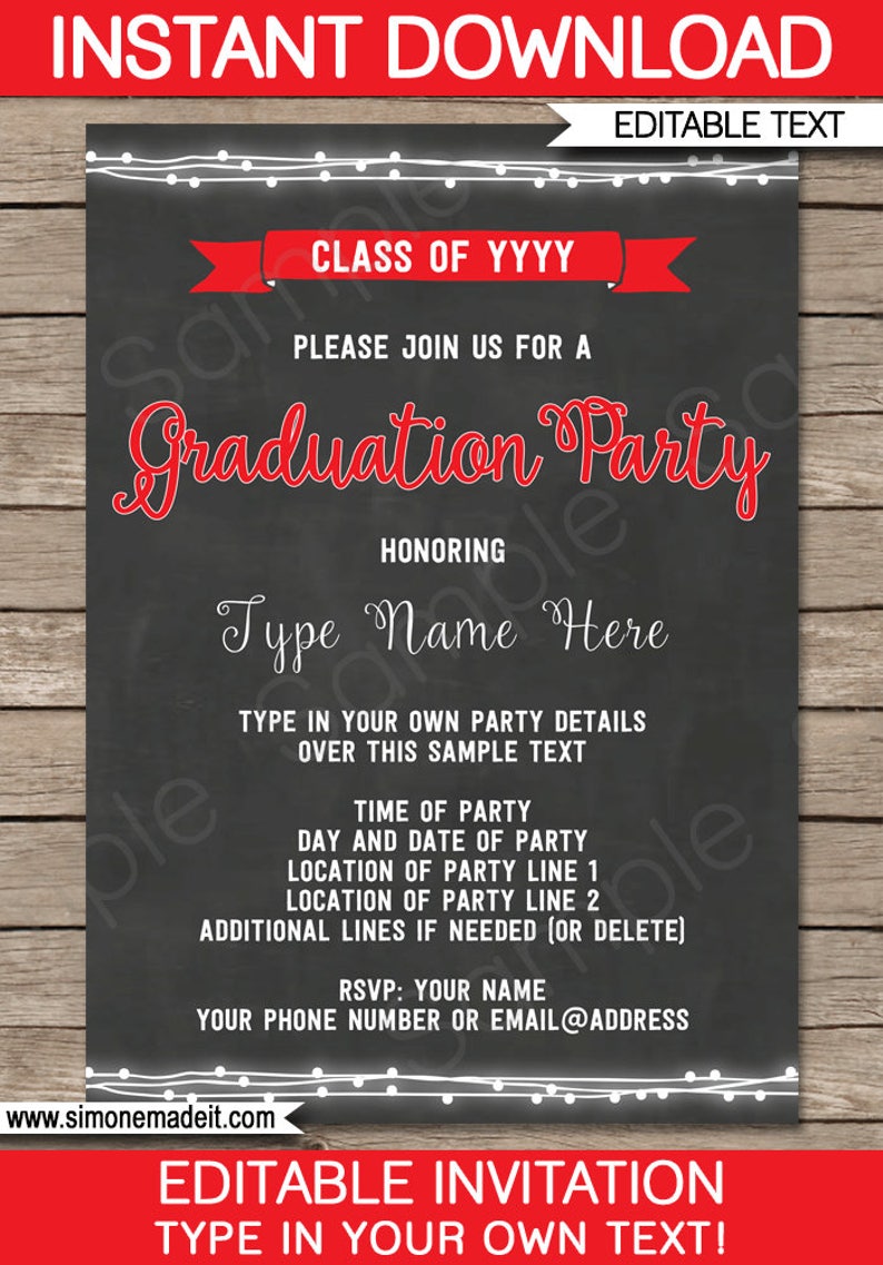 Red Graduation Party Invitations & Decorations Template Bundle - Any ...