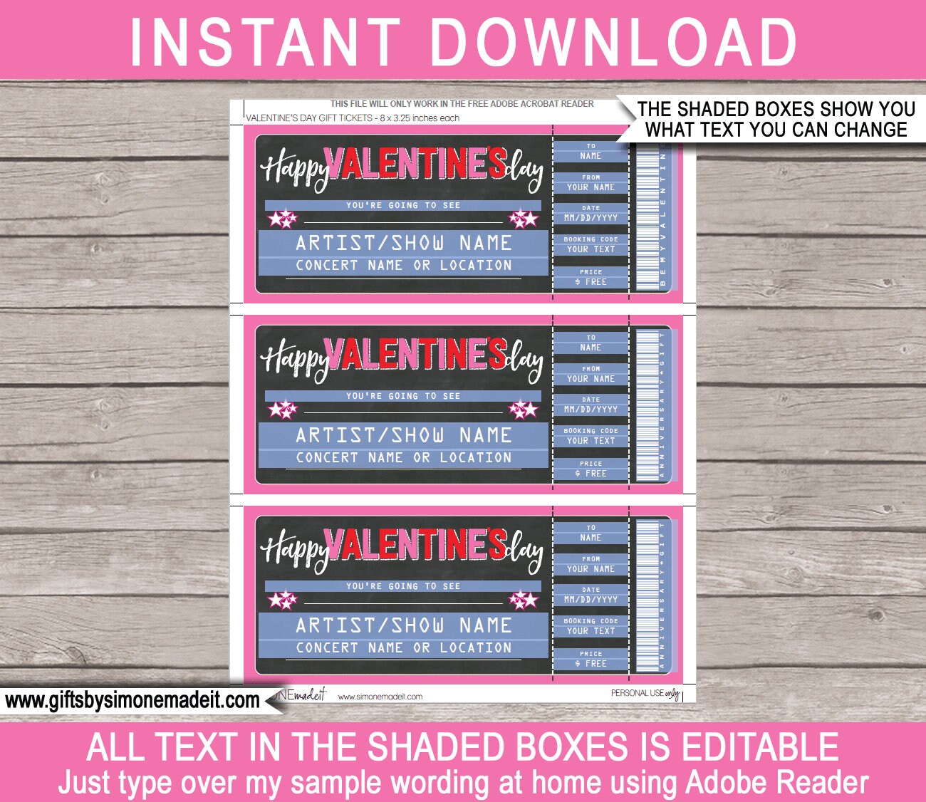 Printable Concert Ticket Template - Valentine's Day Gift Voucher ...