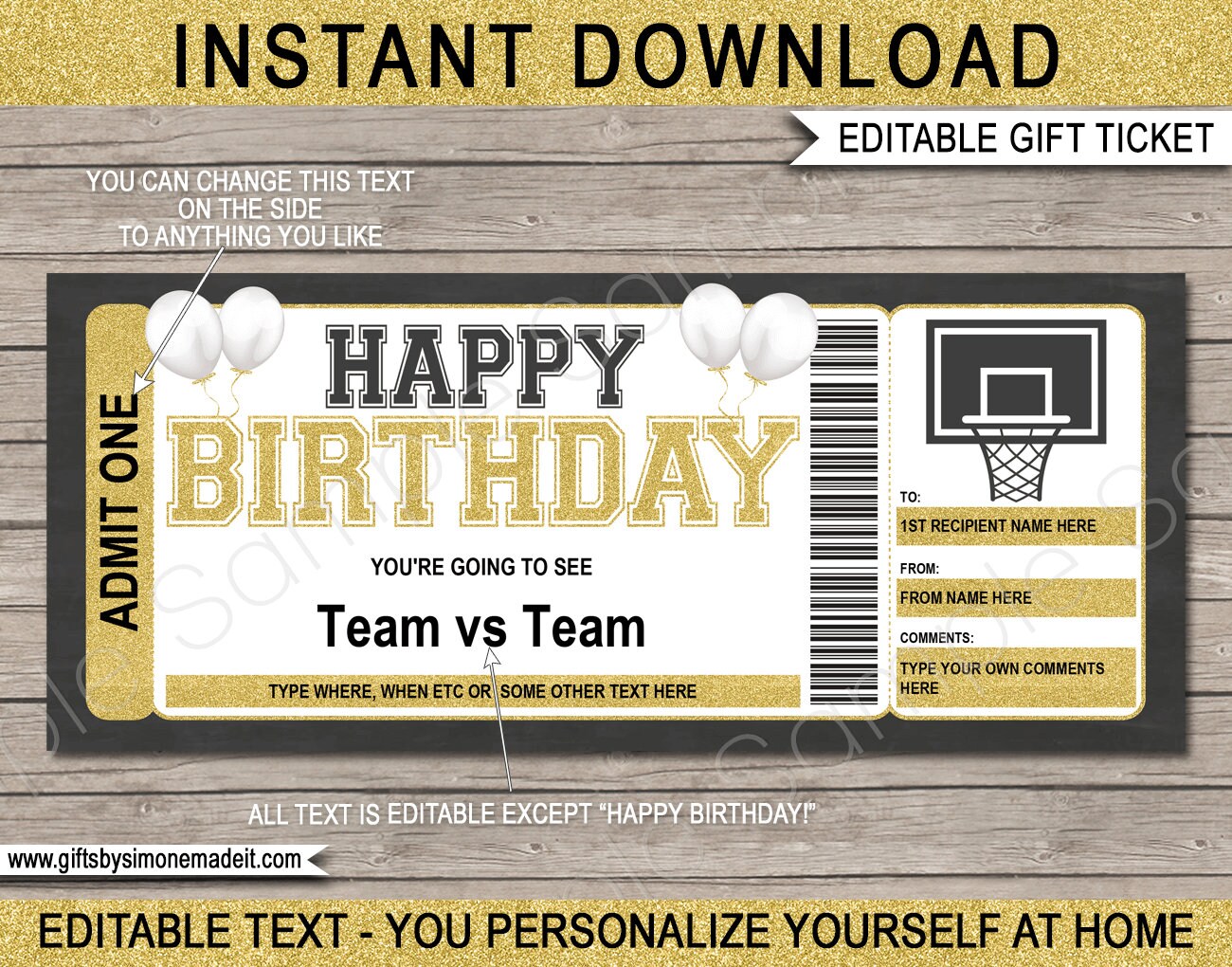 Basketball Ticket Template Birthday Gift Surprise Game - Etsy