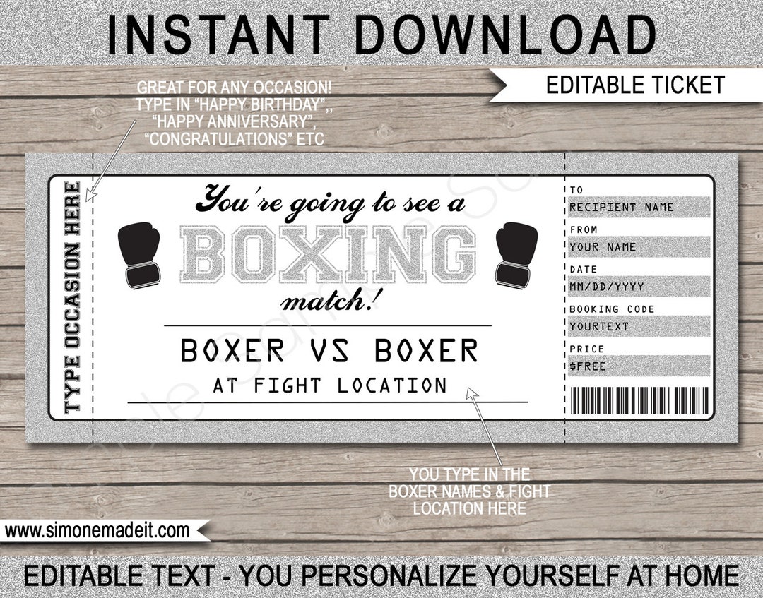 Printable Editable Boxing Gift Ticket Surprise Boxing Match Fight ...