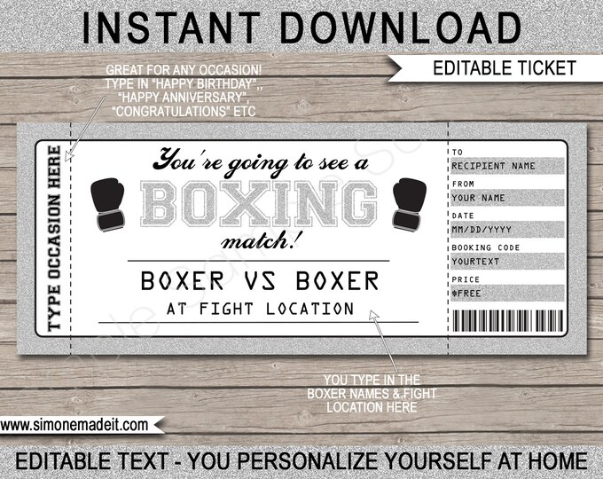 Printable Editable Boxing Gift Ticket Surprise Boxing Match - Etsy