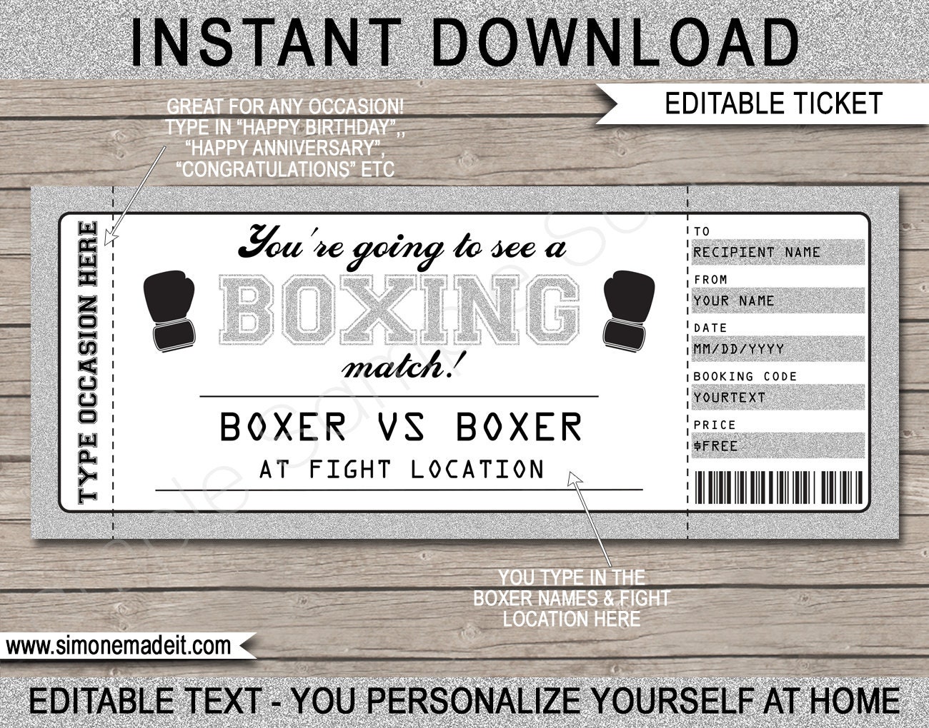 Printable Editable Boxing Gift Ticket Surprise Boxing Match - Etsy