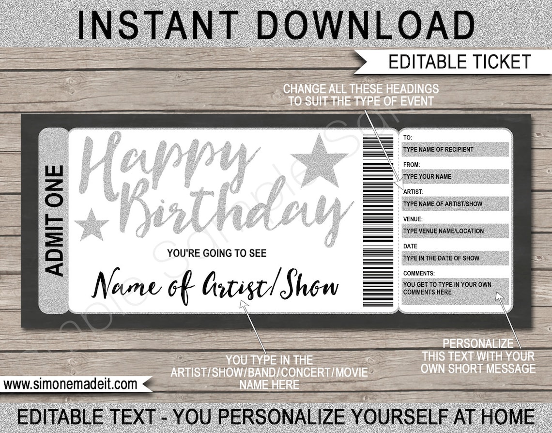 Printable Show Ticket Template Birthday Gift Voucher - Etsy Canada