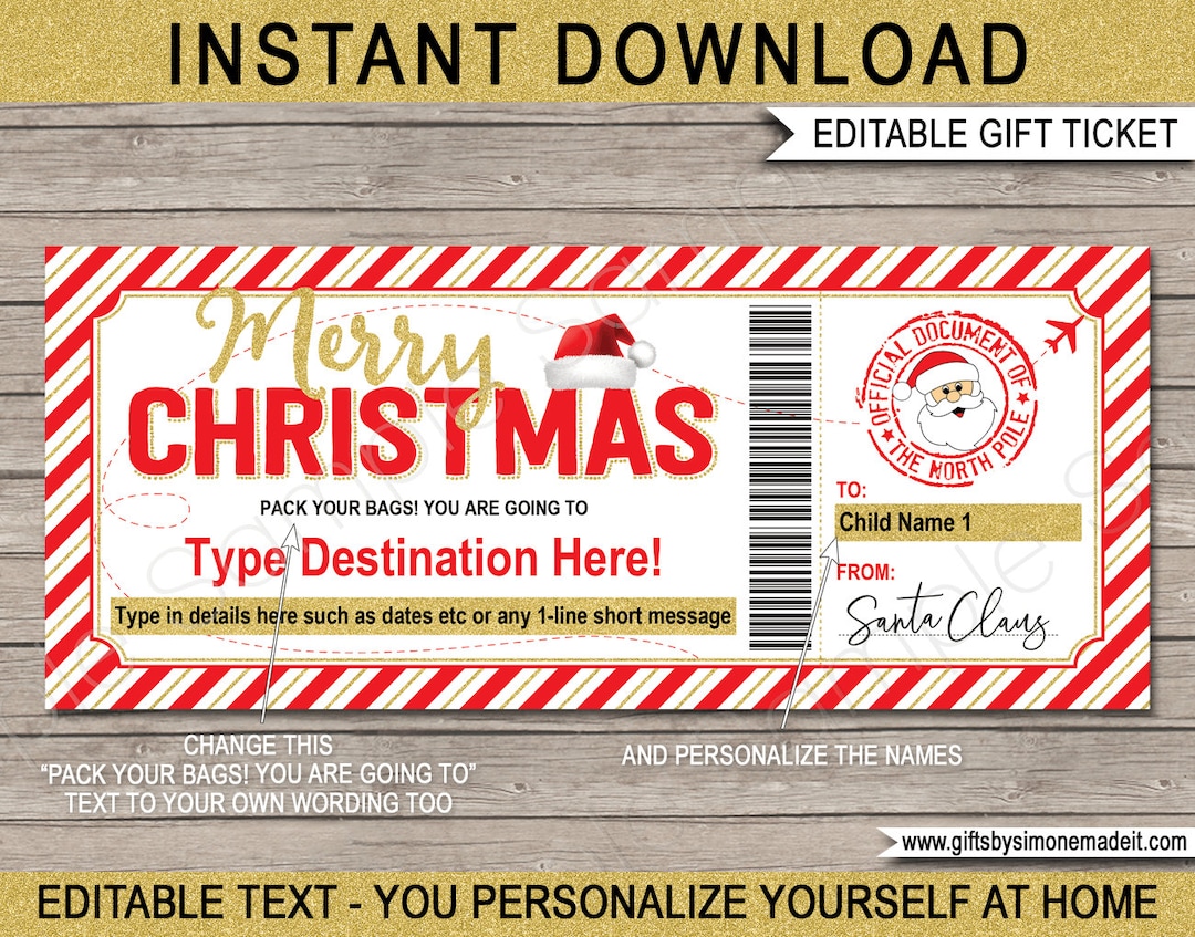 Santa Plane Ticket Printable Template Template for Kids - Christmas ...
