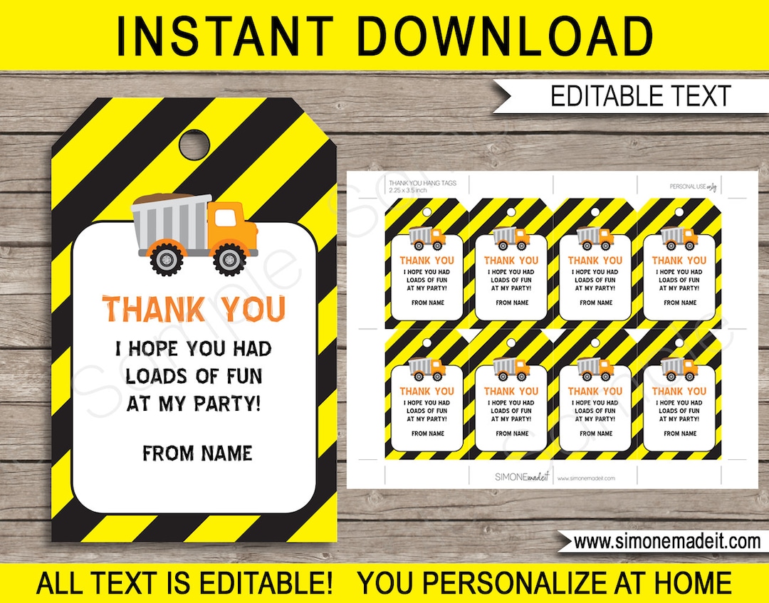 Construction Favor Tags Template - Printable Birthday Party Thank You ...