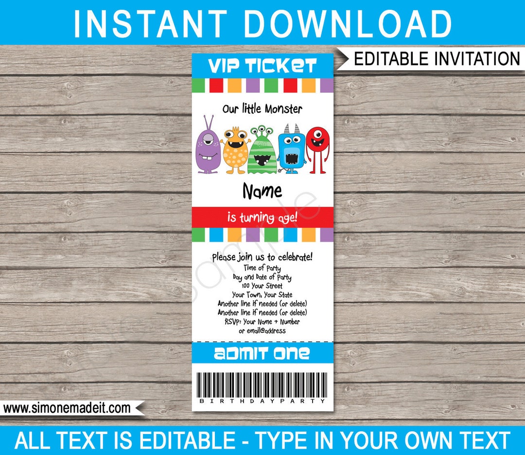 Monster Ticket Invitation Template - Printable Little Monster Birthday ...