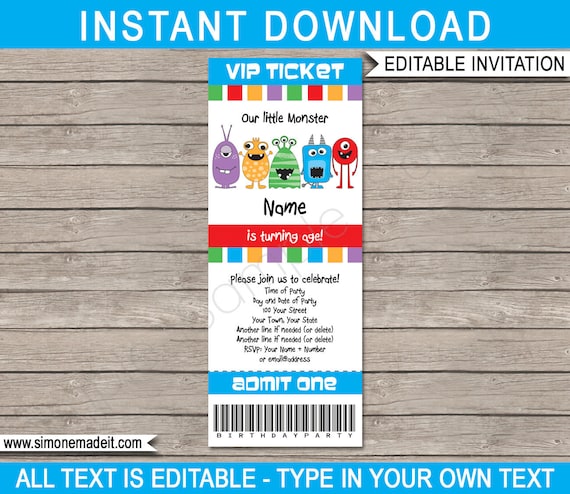 Monster Ticket Invitation Template - Printable Little Monster Birthday ...