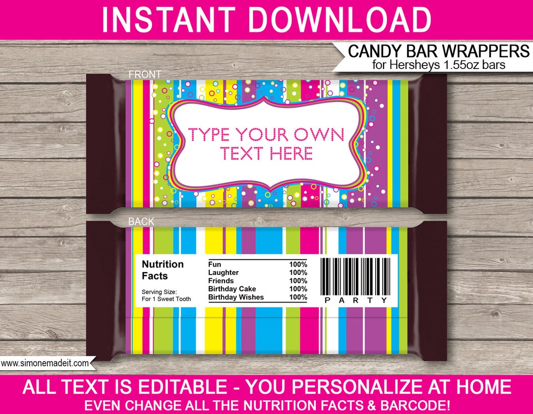 Editable Candy Bar Wrappers: Colorful Birthday Party Favors (PDF ...