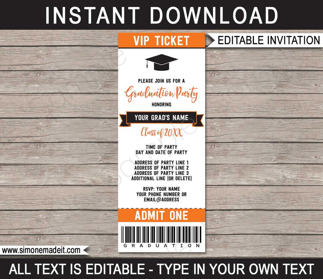 Black & Orange Graduation Ticket Invitation Template (editable Text ...
