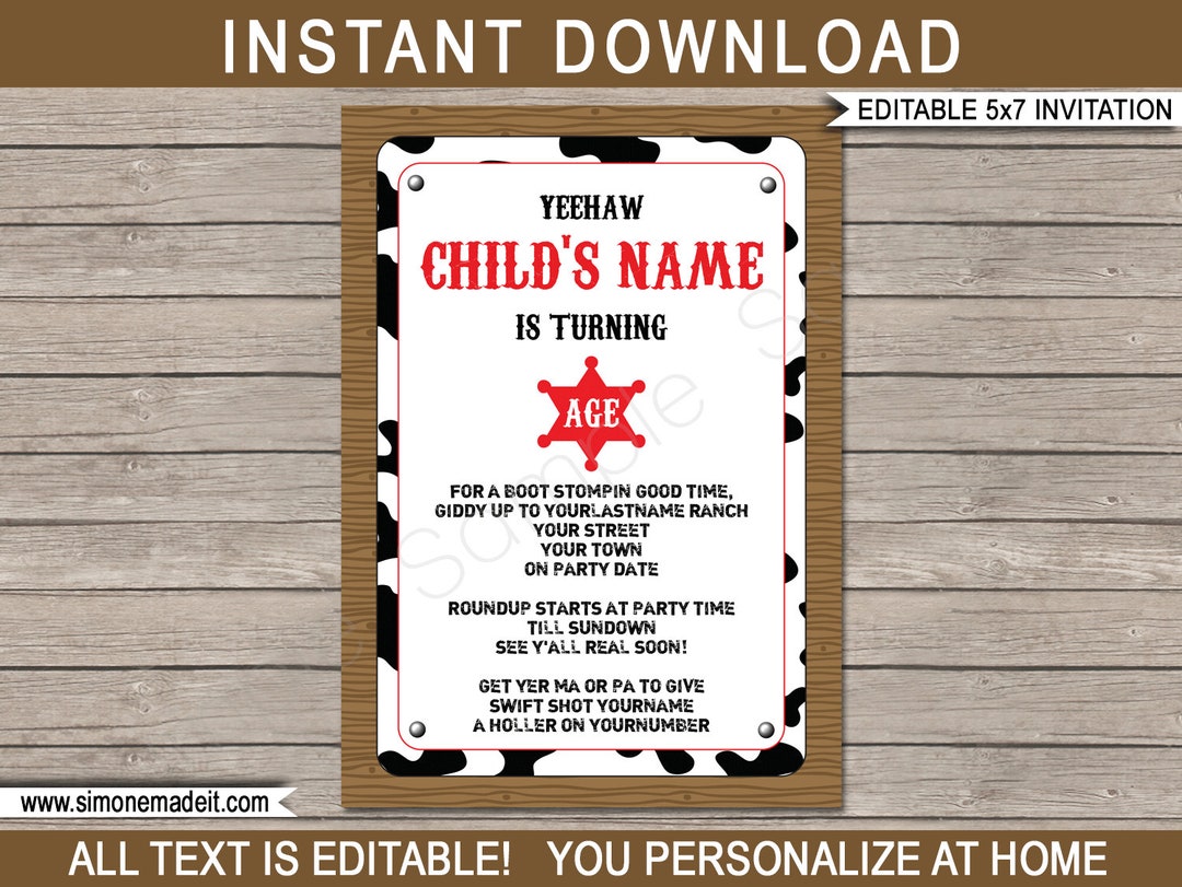 Cowboy Invitation Template Printable Country Western Theme Birthday ...