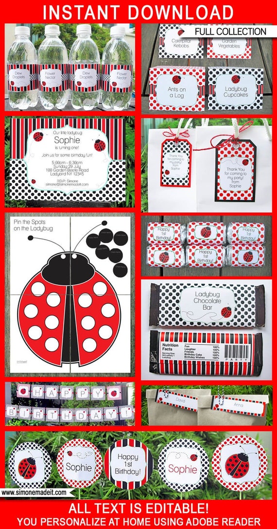 Ladybug Birthday Party Invitation Decoration Printable Template - full ...