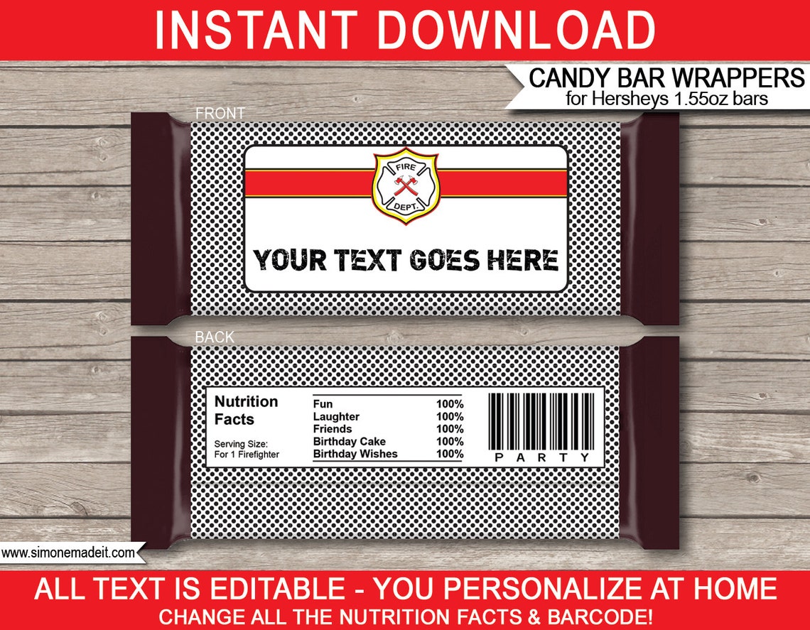 Fireman Candy Bar Wrappers: Editable Firefighter Birthday Favors ...