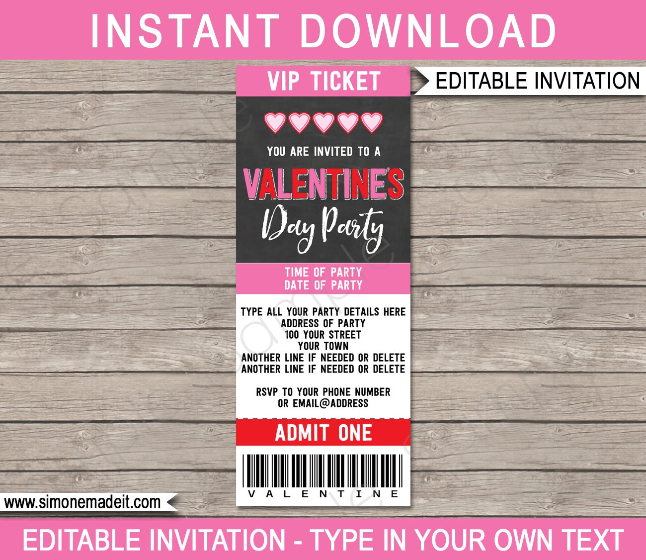 Valentine s Day Ticket Invitation Template Chalkboard Etsy