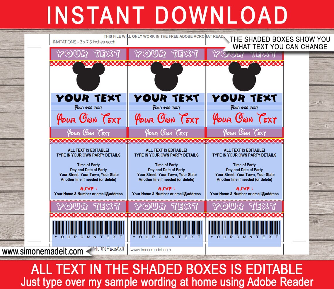 Mickey Mouse Ticket Invitation Template Printable Birthday - Etsy