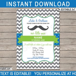 Little Man Invitation Template - Printable Mustache Theme Birthday ...