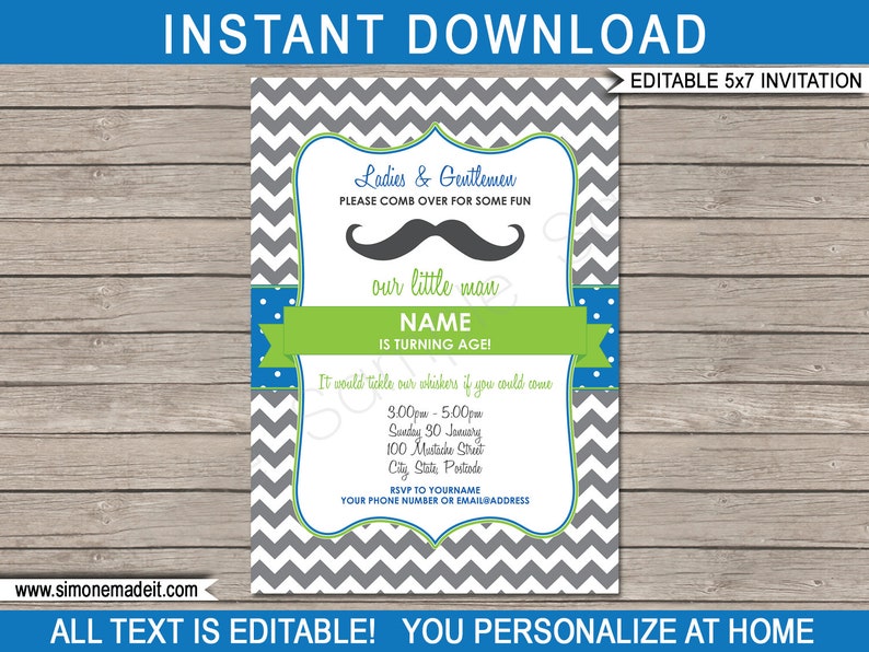Little Man Invitation Template Printable Mustache Theme - Etsy