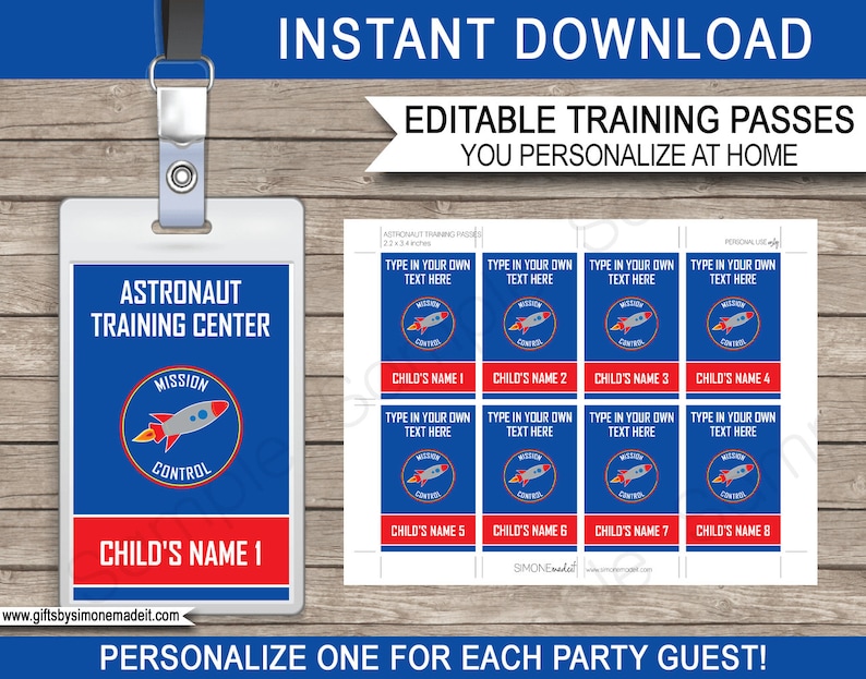 Space Party Astronaut Training Pass Template: Editable PDF (digital ...