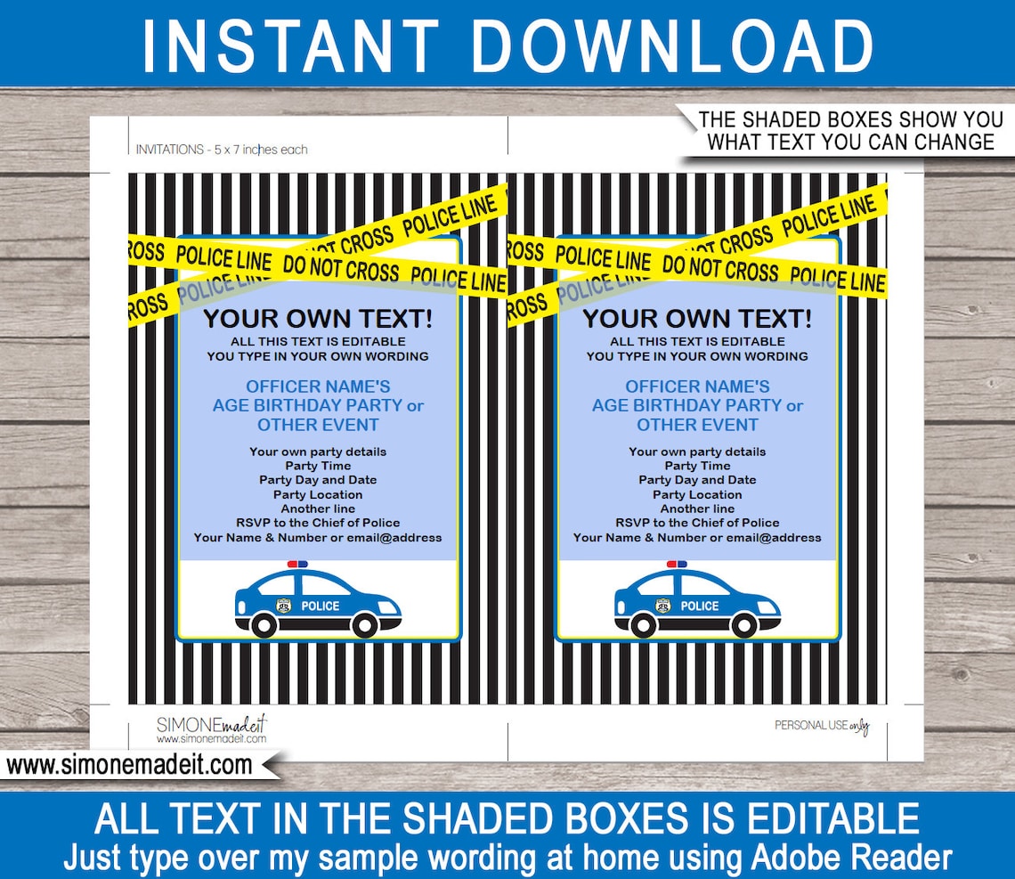 Police Party Invitation Template - Printable Birthday Party Invite ...