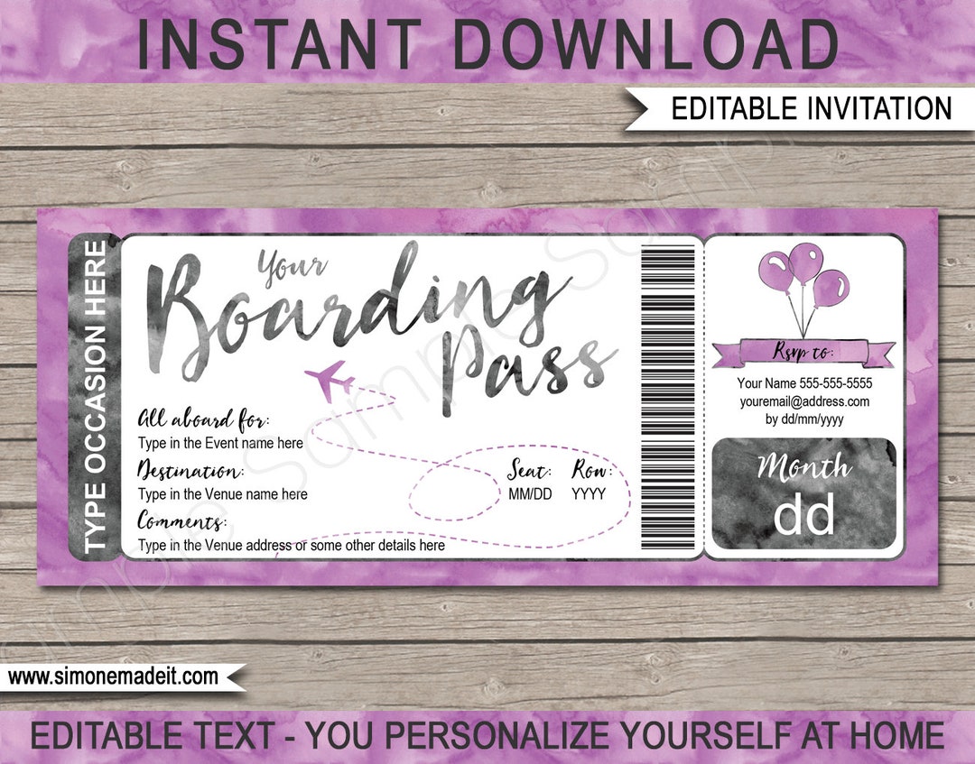 Printable Boarding Pass Invitation: Purple Watercolor Plane Ticket ...