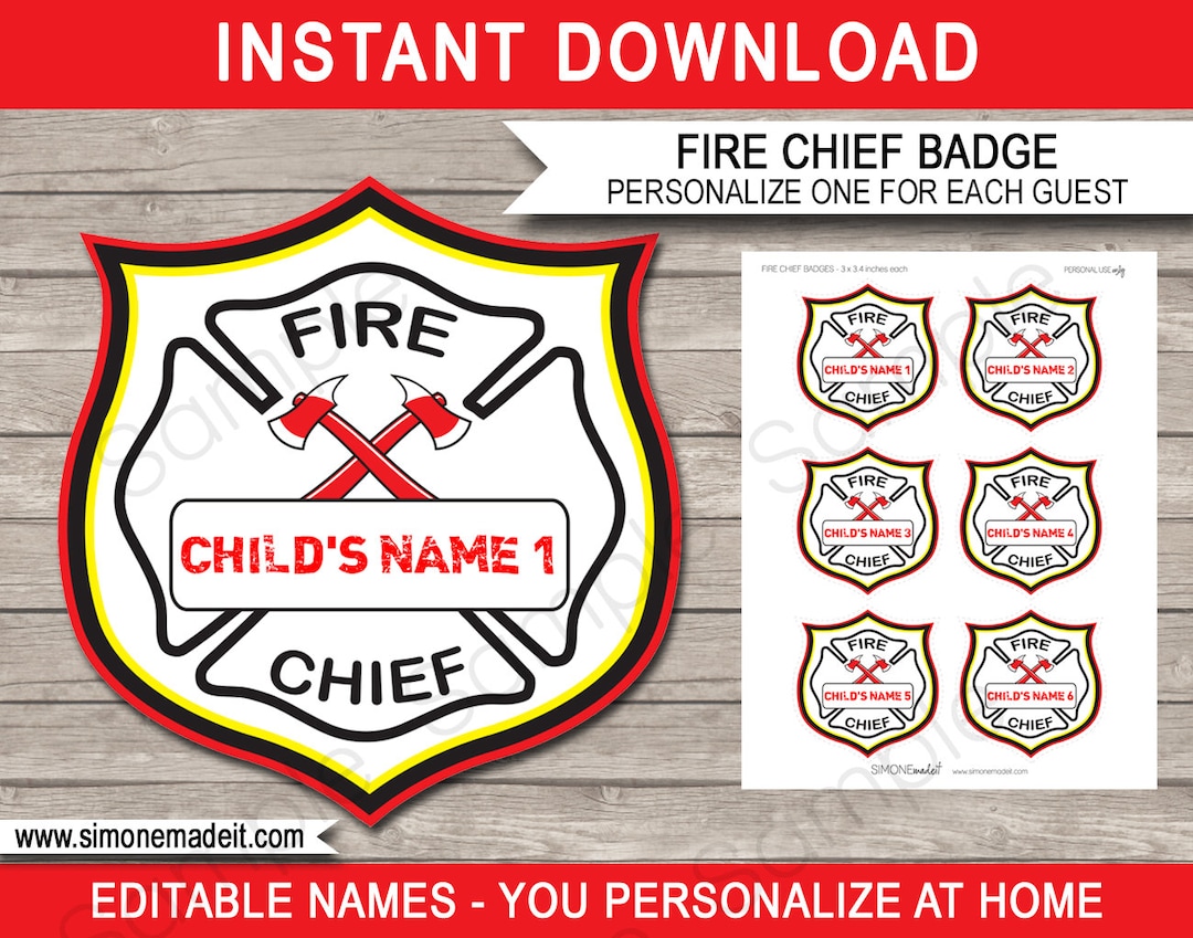 Fireman Badge Template - Fire Chief Name Tag - Printable Firefighter ...